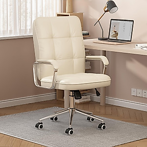 HomeZeer Home Office Desk Chair, Swivel Computer Desk Chair with Wheels and Padded Arms, Soft Leather, Adjustable Height and Tilt (White)