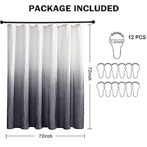 Reeple Ombre Shower Curtain Set with Hooks for Bathroom Textured Waterproof Gradient Fabric Bath Shower Curtain 72 x 72 Inches Grey