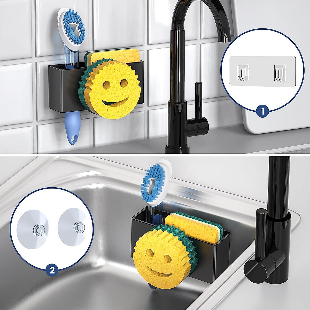 MURLONG Sponge Holder, Smiley Face Sink Caddy, Sink Organizer Sponge Sink Holder Stainless Steel with Suction Cups & 1 PCS Adhesive Strips for Holding Soap, Brush, Scrubber, Sponge-Black