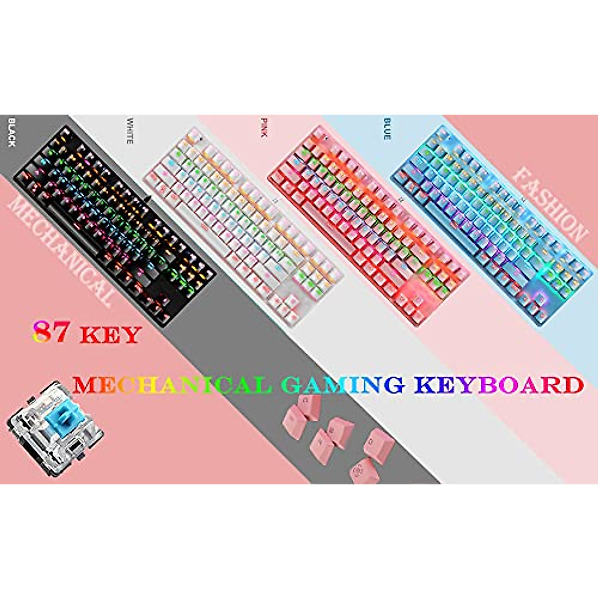 Mechanical Keyboard,Wired Rainbow LED Backlit 87 Key Waterproof Gaming Keyboard,USB Cable with Magnetic Ring PC PS4(Blue)