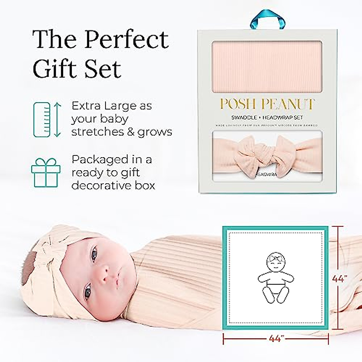 Posh Peanut Baby Swaddle Blanket, Premium Soft Päpook Bamboo Swaddles Wrap & Headband Set, Anti Stink Lightweight Breathable Infant Receiving Swaddling Blankets, Large Boy & Girl Newborn Shower Gift