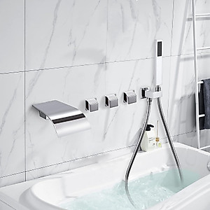 AZOS Wall Mounted Waterfall Tub Filler Faucet 5 Holes 3 Handles Bath Tub Faucet Set with High Flow Hand Shower 5-Pieces Widespread Waterfall Roman Bathtub Faucet Combo, Chrome