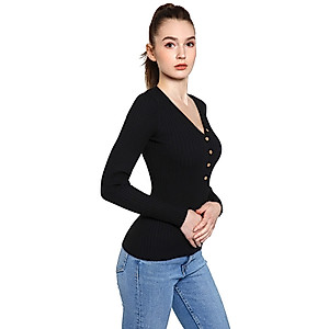 AmélieBoutik Women V Neck Henley Long Sleeve Pullover Ribbed Sweater (Black Medium)