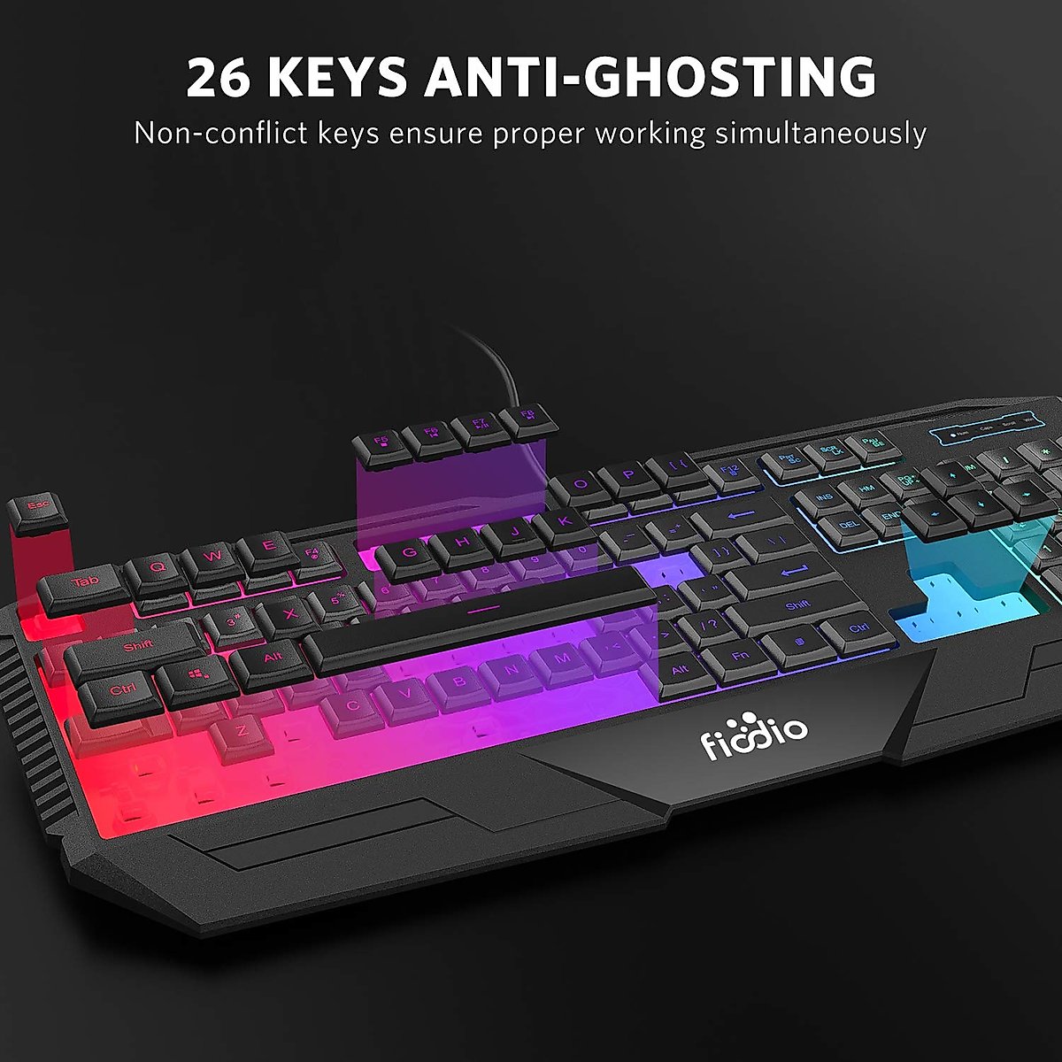 Fiodio Rainbow Wired Gaming Computer Keyboard and Mouse Combo, Ergonomic Keyboards with Wrist Rest, 104 Multimedia Keys, 1600 DPI Gamer Mouse for Windows PC and Desktop