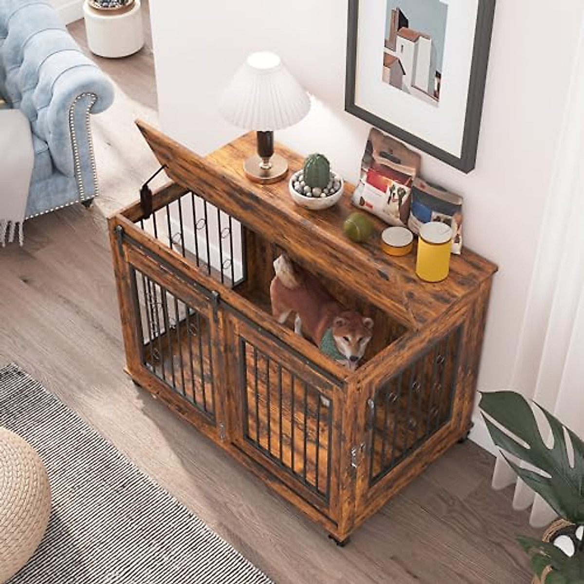 Rophefx Dog Crate Furniture with Sliding Door, Dog Kennel Indoor with Partition for Two Puppies, Dog Cage with Flip-up Top and Wheels, Chew-Resistant Wooden Double Dog Crate, Brown