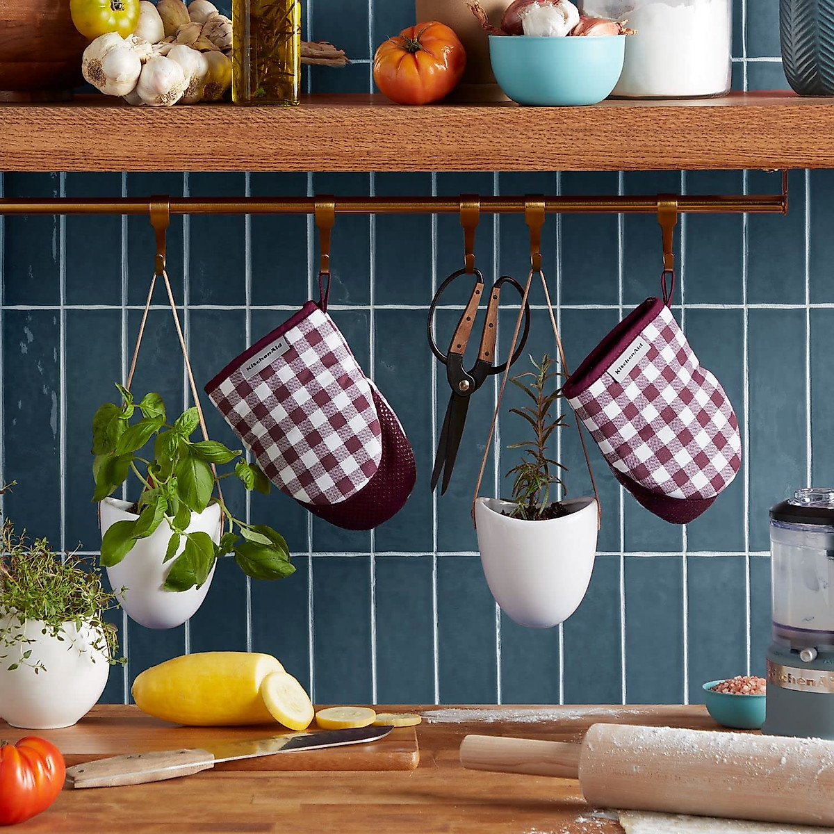 KitchenAid Gingham Cotton Rectangle Mini Oven Mitt 2-Pack Set, Beet, 5.5"x8"