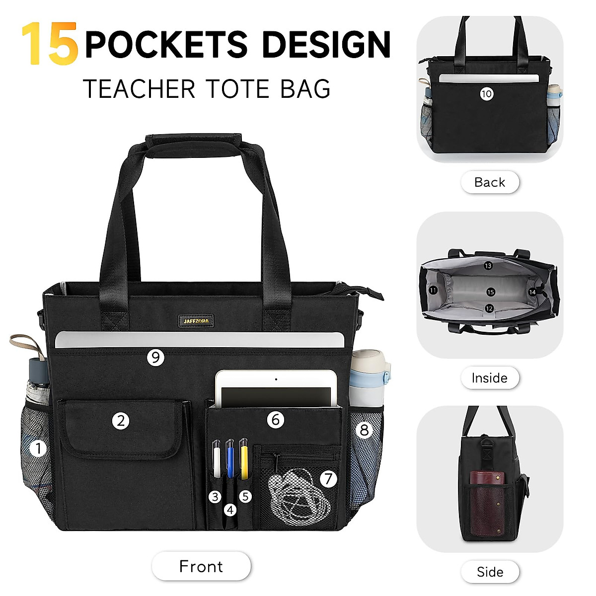 Jaffzora Teacher Tote Bag with Laptop Compartment,Extra Large Utility Work Tote Bag with 15 Pockets for Women,Nurse Bag, Black