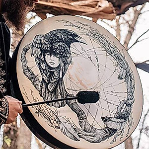 Firlar Shaman Drum, 10 Inch Crow Pattern Handmade Shaman Drum With Drum Stick, Spiritual Instrument, Exquisite Look, Siberian Drum Spirit Music Symbol, Sound Healer Shaman Drum white