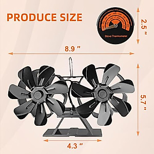 zenicham Wood Stove Fan Heat Powered Dual Motors,14 Blades Stove Fans,Fireplace Fan Magnetic Thermometer Gloves,Heat Fans for Wood Burning Stove/Gas/Pellet/Log,Non Electric