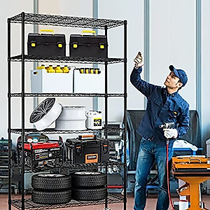 Hkeli Storage Metal Shelf Heavy Duty Wire Shelving Unit with Wheels 48inchx18inchx82inch Sturdy Steel Adjustable NSF 6 Tier Rack Standing Garage Shelves for Restaurant Garage Kitchen, Black