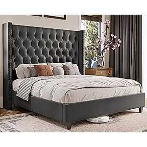 Jocisland King Bed Frame Wingback Headboard Upholstered Bed Velvet Tufted Deep Button/No Box Spring Needed/Easy Assembly/Dark Gray