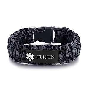 MZZJ ELIQUIS Medical Alert ID Bracelet Black Stainless Steel ID Tag Durable Braided Black Rope Paracord Survival Emergency Cuff Bracelet Band for Men Women, Outdoor Sport Safe Bracelet