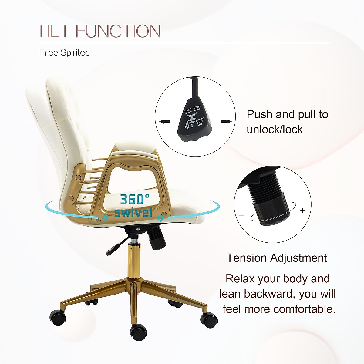 cayglow Velvet Office Desk Chair Comfy with Gold Base, Comfortable Makeup Chairs for Vanity with Back and Wheels,Button Tufted Armchair Swivel Rolling Chair,for Girls Women Study Bedroom,Beige