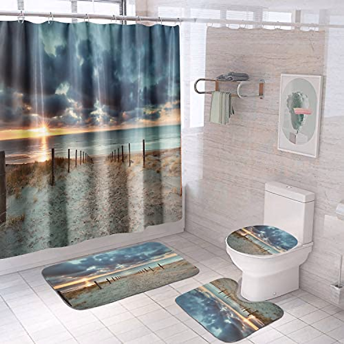 Tropical Ocean Summer Coastal Nautical Beach Theme bathroom Decor 4 Pcs Blue Shower Curtain Sea Sets, Sharks and Dolphins Durable Shower Curtain Toilet Lid Cover and Bath Mat with 12 Hooks, 72" x 72"