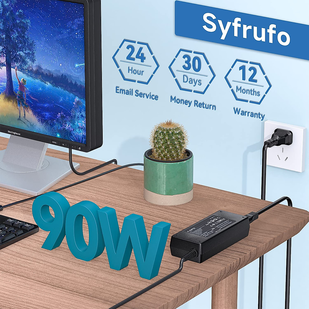 19V Power Cord for Westinghouse TV 24 32 40 42 46 inch, Charger for LD-2480, LD-3255VX, LD-4255VX, LD-4680, LD-4695, UW40TA2W, UW32SC1W, UW32S3PW, UW40TC1W Monitor Power Supply