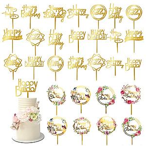 32 PCS Gold Happy Birthday Cake Toppers Flower Acrylic Gold Birthday Cake Topper Cake Pick Decorations for Birthday Party Cake Desserts Pastries (Gold)
