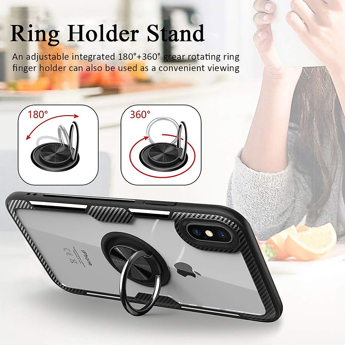 MOVOYEE Design for iPhone XR Case Thin,iPhone XR Cases Clear iPhone XR Case Transparent,iPhone XR Case Stand Magnetic Ring Shockproof Silicone Hard Back Cover Case for Apple iPhone XR 6.1 Inch Black