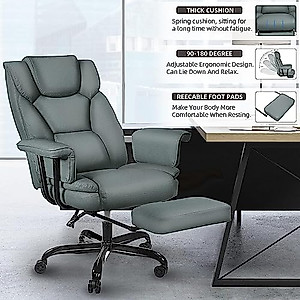 Toszn Reclining Executive Office Chair with Footrest, High Back Big and Tall Office Chair 400lbs Wide Seat 180° Backrest, Ergonomic Leather Managerial Desk Office Chair for Heavy People, Grey Green