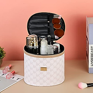 UMUMPINGG Makeup Bag for Women Faux Leather Round Make up Bags Organizer Perfumes Nail Polish Organizer,Make up Brushes Bag Case Storage for Girl Friend Gift White