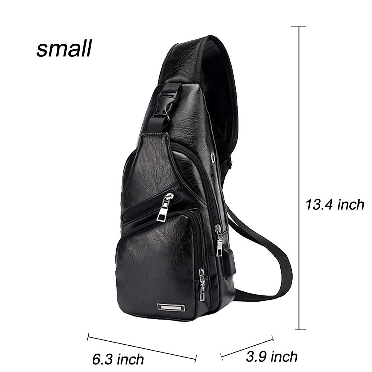 JUMO CYLY Leather Sling Bag with USB Charging Port Large Mens Crossbody Shoulder Bag Travel Sling Chest Bag (Small Black)