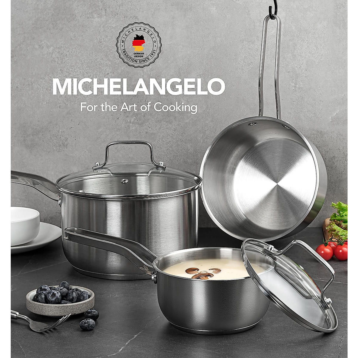 MICHELANGELO Stainless Steel Pot Set - 1QT & 2QT & 3QT Stainless Steel Sauce Pan with Lid, Induction Saucepan Set, Small Pots for Cooking - 6 Pcs