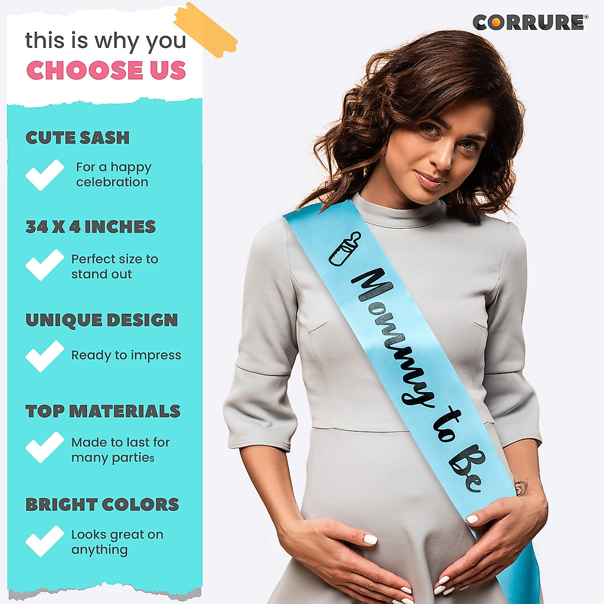 CORRURE Baby Shower Sash for Boy - 'Mommy to Be' Sash With Beautiful Blue Ribbon and Black Foil Text - Ideal Gender Reveal, Baby Shower, Welcome Baby, Mom to Be or Baby Sprinkle Gift