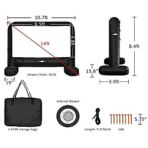 Inflatable projector screen 14 ft for Outside Support Front & Rear Projection Blow up Movie Screen with Fast Low-Noise Built-in Blower for Backyard Movie Night, Parties, Celebrations