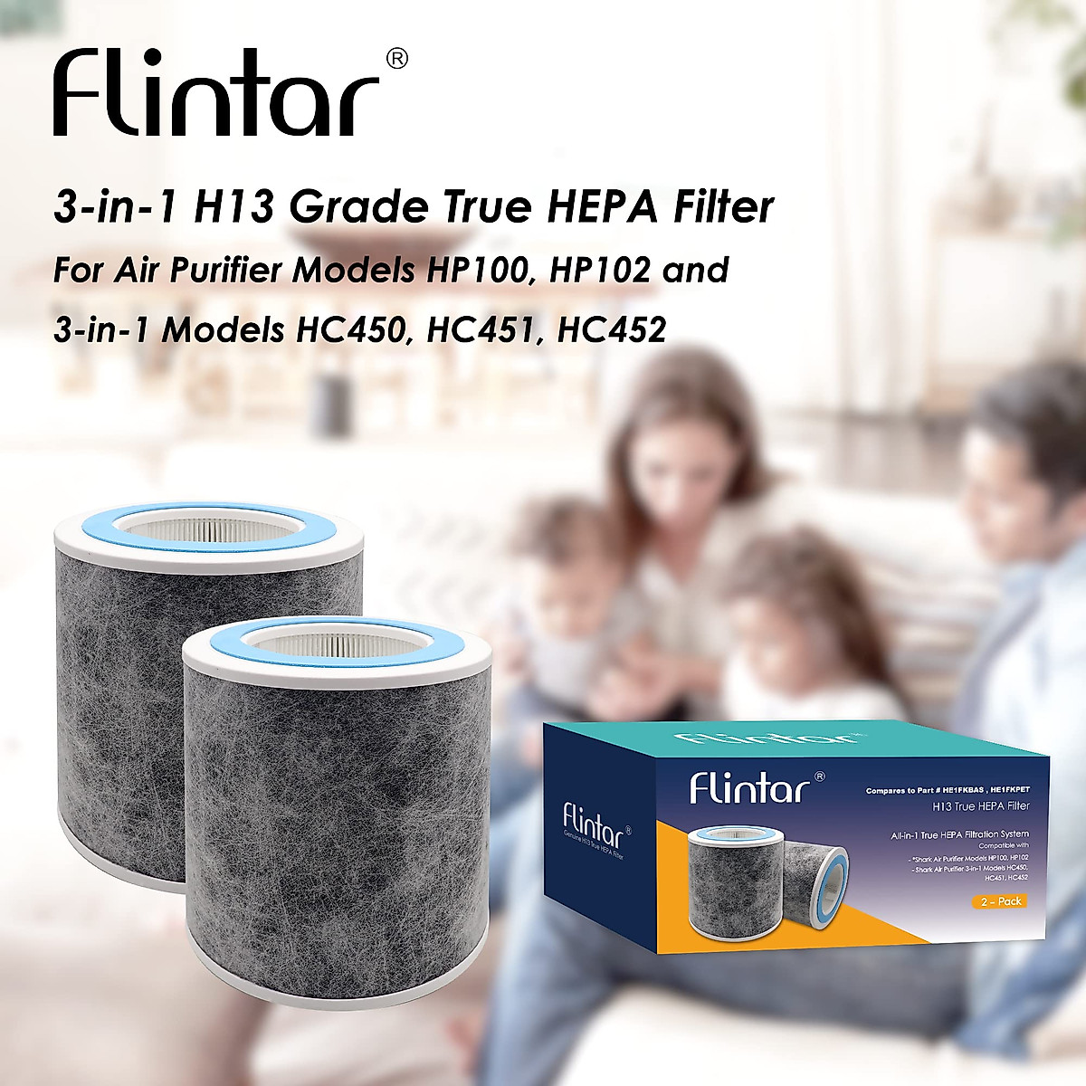 Flintar HP102 True HEPA Replacement Filter, Made in TAIWAN, Compatible with Shark Air Purifier HP100, HP102, HC450, HC451, HC452, HC455, Compares to Part # HE1FKBAS and HE1FKPET (2-Pack)