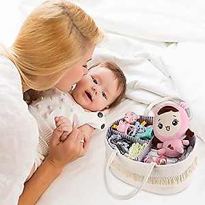 MBJERRY Baby Rope Diaper Caddy Organizer - Nursery Storage Bin Canvas Portable Diaper Storage Basket with Removable Inserts for Changing Table &Car, Newborn Baby Shower Basket