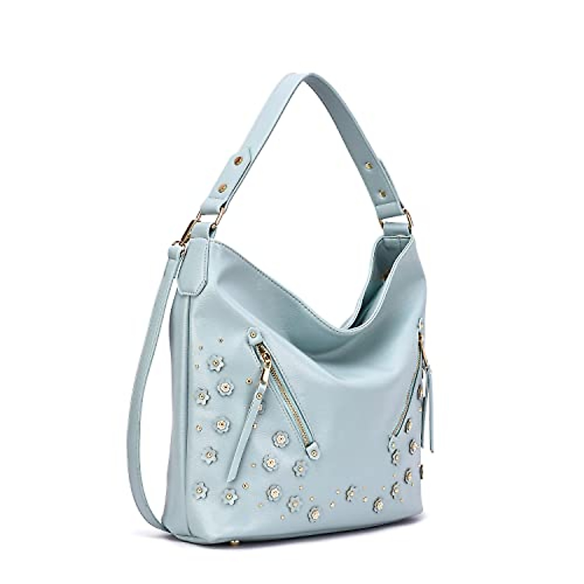 Mellow World Monserrat Floral Studded Slouchy Motor Style Hobo Handbag for Women with Removable Strap,Seafoam