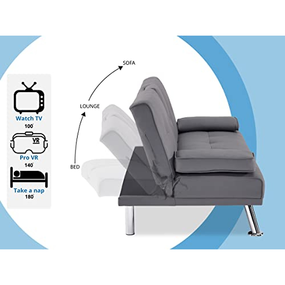 Naomi Home Futon Sofa Bed, Faux Leather Futon Couch with Armrest and 2 Cupholders, Pull Out Sofa Bed Couch Convertible with Metal Legs, Folding, Reclining Couch Bed, Futon Bed for Living Room - Gray