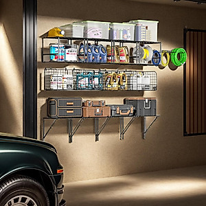 PSUTBPAT Garage Shelf Wall Mounted with Wire baskets, Heavy Duty Garage Wall Shelving with Garden Tool Storage und Hooks, Wire Shelf Baskets for Home Garden Garage Organization and Storage