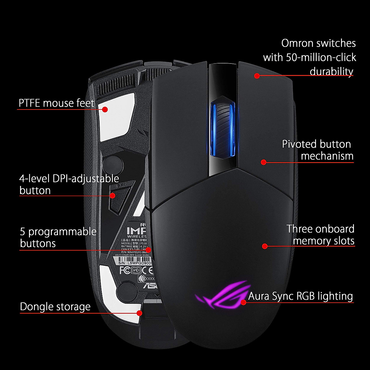 ASUS Optical Gaming Mouse - ROG Strix Impact II | Wireless Gaming Mouse with 16,000 DPI | 5 Programmable Buttons, RGB Lighting, 2.4 GHz, Long Battery Life, Lightweight, Ergonomic (Renewed)