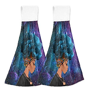 Black African Woman Kitchen Hanging Towel 12 x 17 Inch American Lady Galaxy Hand Bath Towels Tie Dry Towels Set 2 Pcs Tea Bar Dish Cloths Towel Soft Absorbent Durable for Bathroom Laundry Room Decor