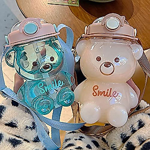 Bear Straw Bottle,Portable Large Capacity Bear Water Bottle with Strap and Straw,Cute Bear Shaped Water Bottle Adjustable Removable Strap for Girls School Outdoor Travel (blue-47oz)