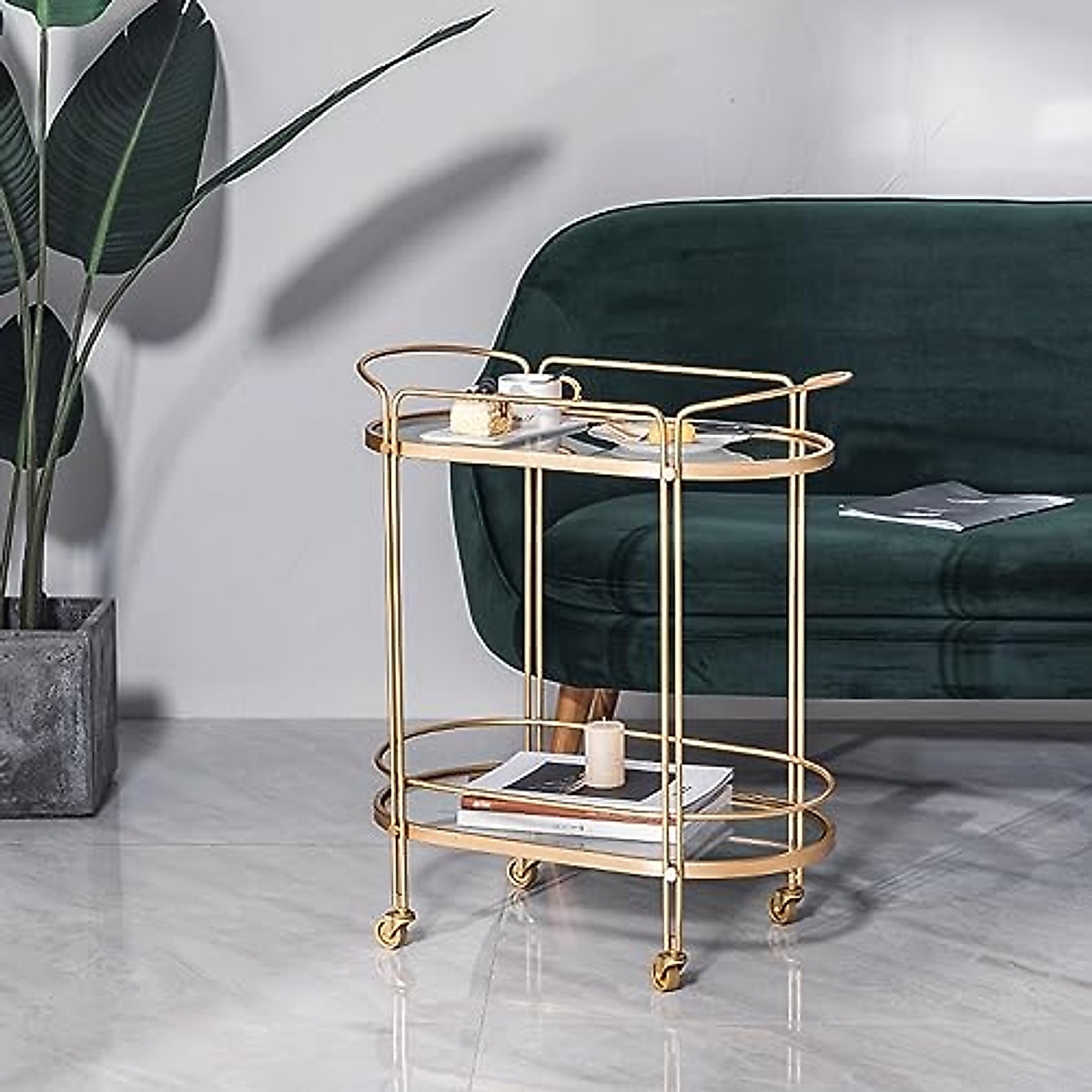VLOBAOM Modern Rolling Serving Bar Cart, 2-Tier Oval Home Coffee Table Trolley, Kitchen Storage Shelf with Wheels for Living Room, Dining Room, Bathroom,25''Dx14''Wx29''H,Gold