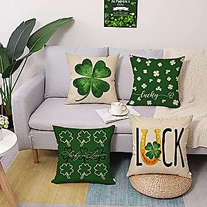 Fjfz St. Patrick's Day Luck Clover Decorative Throw Pillow Covers 20 x 20 Set of 4, Green Shamrock Horseshoe Holiday Porch Patio Home Decor, Irish Lucky in Love Gifts Outdoor Sofa Couch Cushion Case