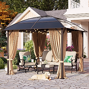 PHI VILLA 10' x 10' Hardtop Gazebo Outdoor Pavilion Tents Metal Frame Curved Roof Patio Gazebo with Netting and Curtains for Parties,Patio, Garden, Lawn(Brown)