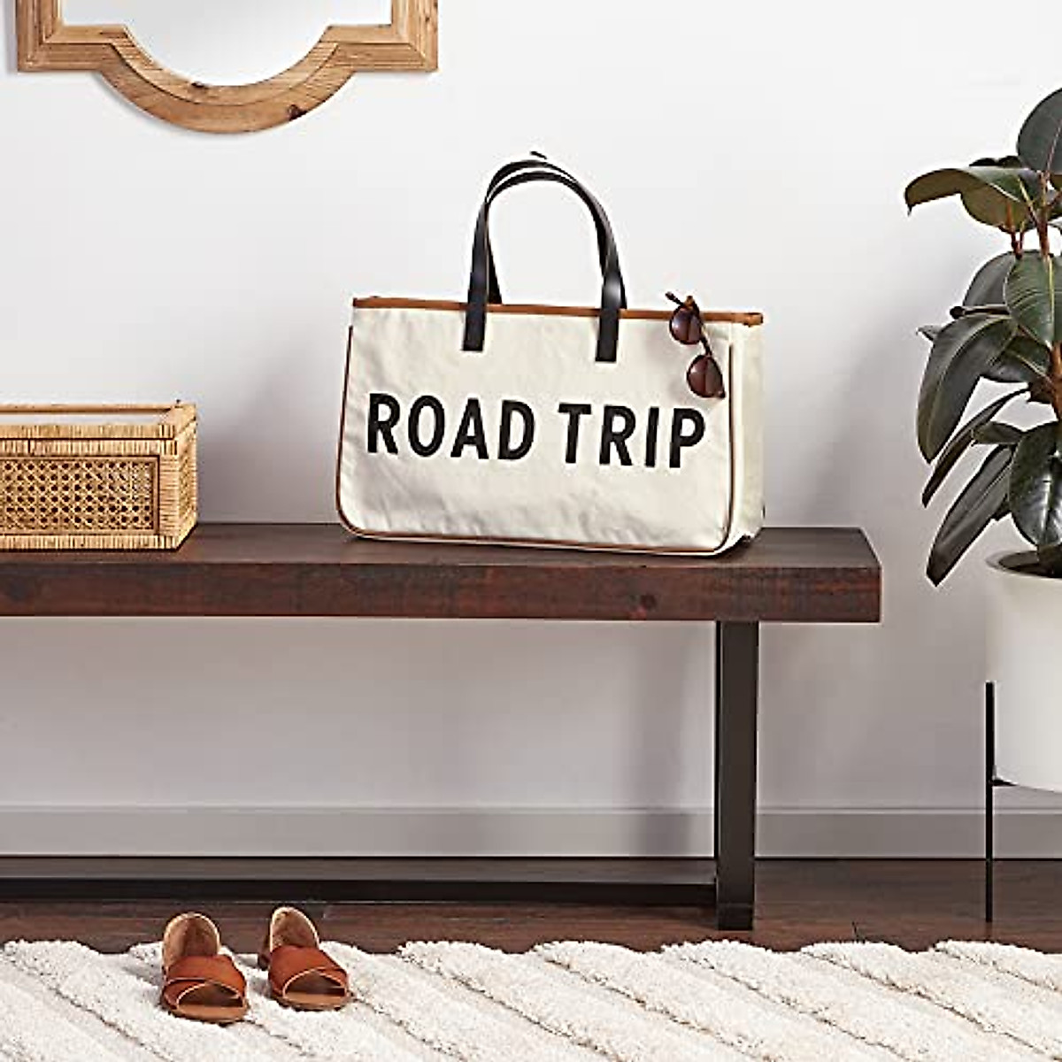 Santa Barbara Design Studio Tote Bag Hold Everything Collection Black and White 100% Cotton Canvas with Genuine Leather Handles, Large, Road Trip