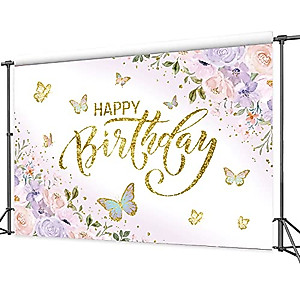 Homewelle Purple Pink Floral Butterfly Happy Birthday Backdrop for Girls 7Wx5H Feet Polyester Fabric Blush Peach Lilac Flowers Gold Birthday Party Decoration Photography Background Photo Shoot Prop