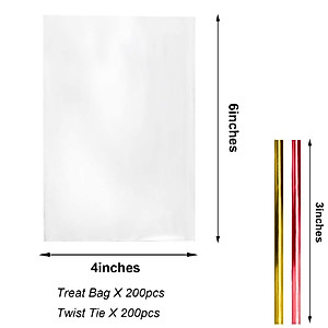 Morepack Cello Cellophane 4x6 Inches Cookie Bags 200 Pcs OPP Plastic Clear Treat Bags with 200 Twist Ties for Gift Wrapping,Packaging Candies,Dessert,Bakery,Chocolate,Party Favors