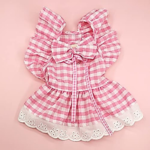 Pet Princess Dress - Dog Cat Sweet Dresses, Ruffle Sleeves Plaid Print Cat Princess Dress, Dog Clothes for Small Dogs Cats Puppy Pet Kitten Hot Pink XS