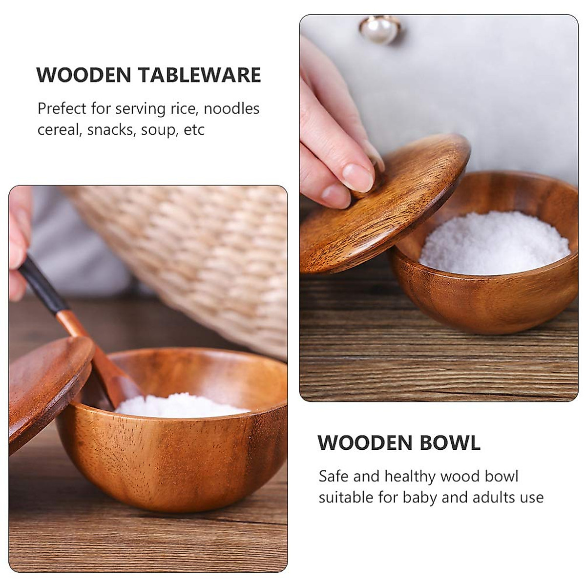 Wood Bowl Nut Bowls Wooden Serving Bowl With Lid Natural Wood Kids Rice Bowl Salad Noddle Soup Dish Food Container Seasoning Holder For Home Kitchen Pepper Box Japanese Wooden Bowl