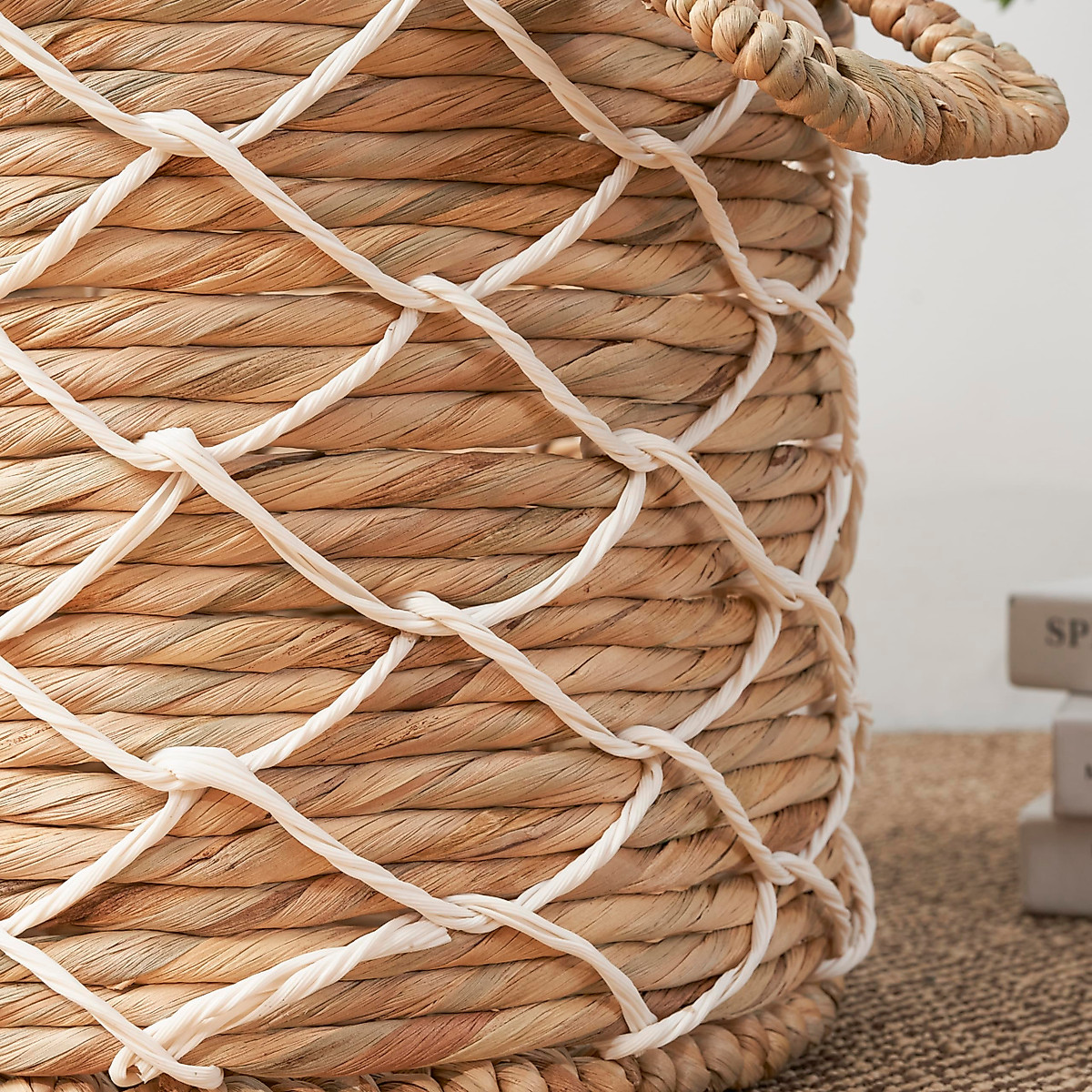 Woven Water Hyacinth Wicker with Rope Storage Basket (18" x 18" x 15" - Natural Brown) - Ideal for Halloween, Thanksgiving, and Home Organization