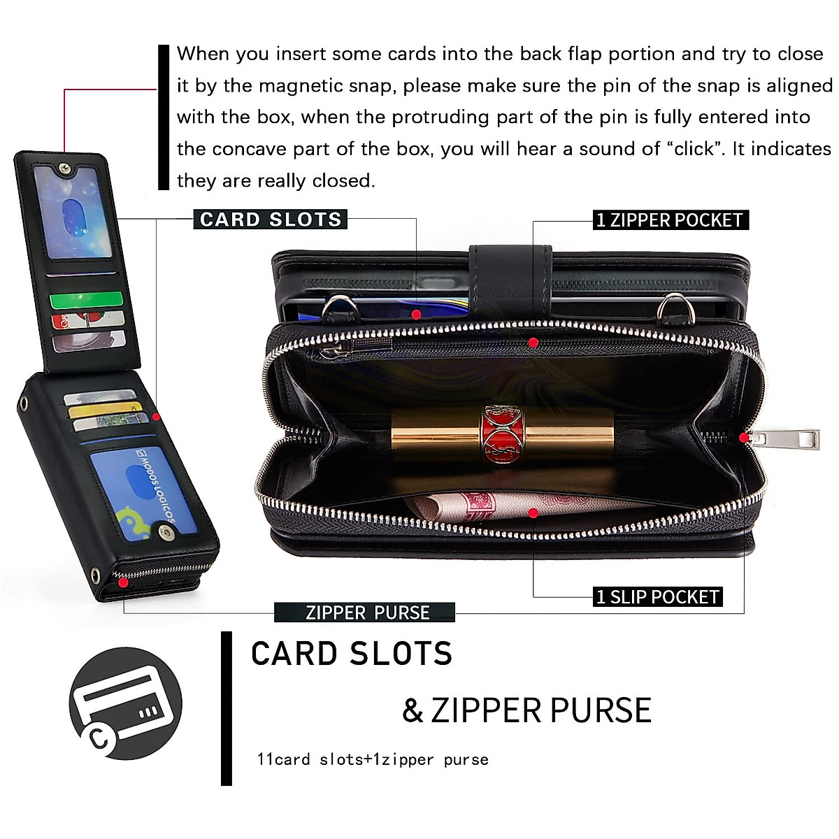 MODOS LOGICOS Crossbody Bag for Samsung Galaxy Note 9 6.4", [Shoulder Wrist Straps] [Zipper Storage] [11 RFID Card Slots 3 ID Window] PU Leather Purse with Removable Inner Magnetic TPU Case - Black