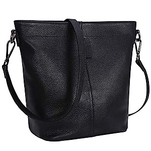 Iswee Women Genuine Leather Handbags Tote Bag Crossbody Shoulder Bag Bucket Bag (Black-Leather)