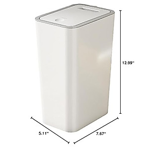 ABWOO Bathroom Trash Can with Press Lid, Small Garbage Can for Bedroom, Covered Slender Plastic Garbage Bin, Push Top Lid White Small Waste Bin for Restroom 2.8 Gallon