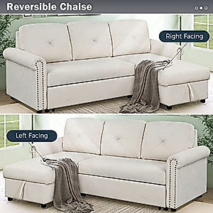 L-Shape Convertible Sectional Sofa with Pull Out Bed,Velvet Upholstery Corner Couch with Storage Chaise Lounge,3 Seater Comfy Small Sofabed with Rivets Dec for Living Room, Home, Apartment