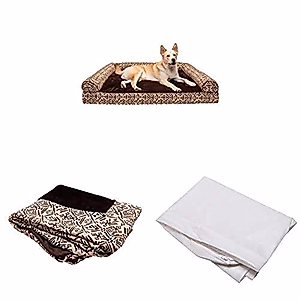 Furhaven Pet Bundle - Jumbo Plus Desert Brown Memory Foam Plush Kilim Southwest Home Decor Sofa, Extra Dog Bed Cover, & Water-Resistant Mattress Liner for Dogs & Cats