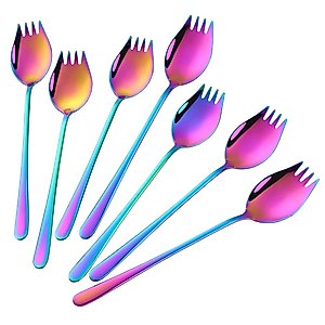 Buyer Star Sporks Metal 7-pack 18/8 Stainless Steel Sporks for Everyday Household Use, 7.6-Inch / 1.6-Ounce/Ice Cream Spoon & Salad Forks, Fruit Appetizer Dessert (Rainbow)